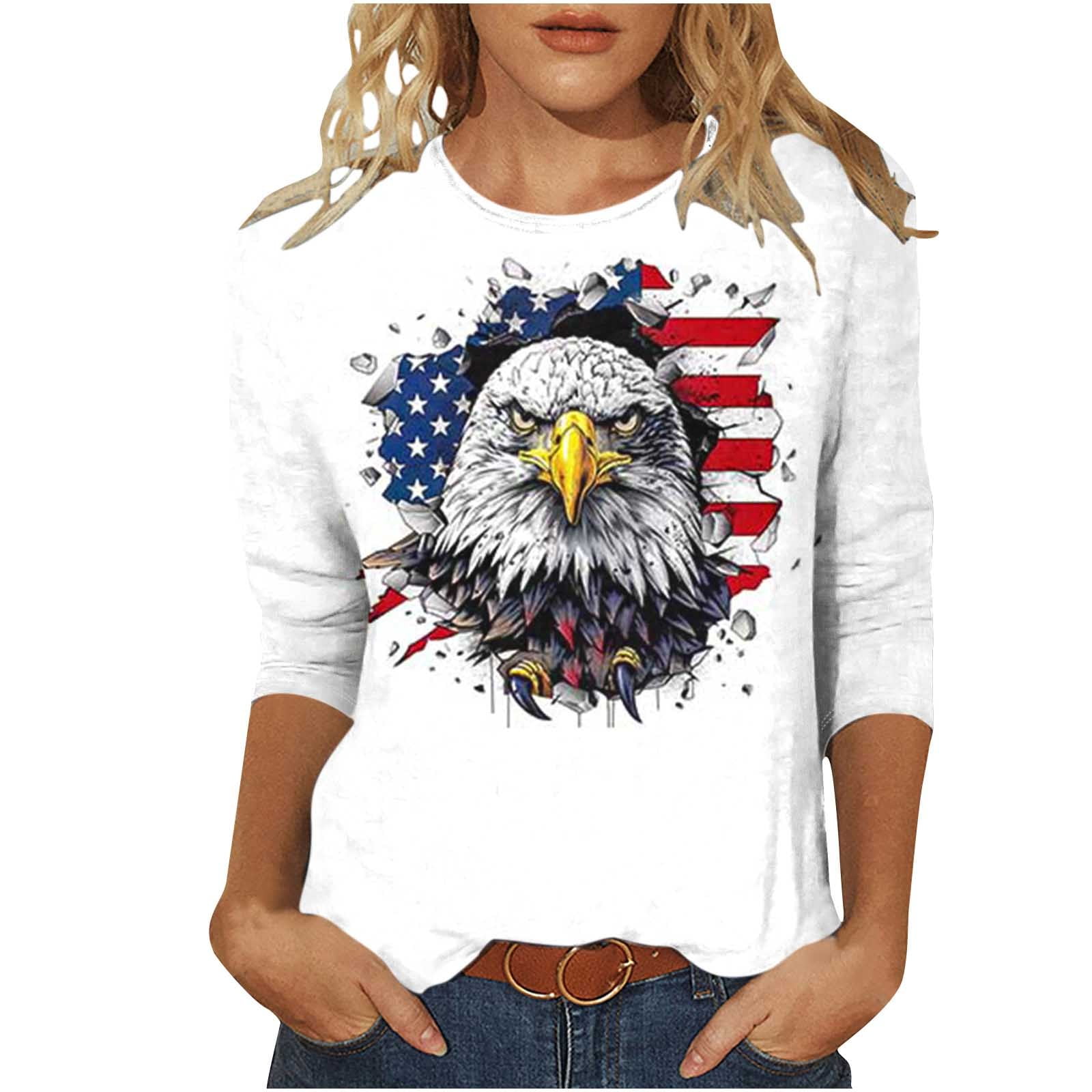 Dazajoo American Flag Tee Shirt Womens 3/4 Sleeve 4th of July Patriotic ...
