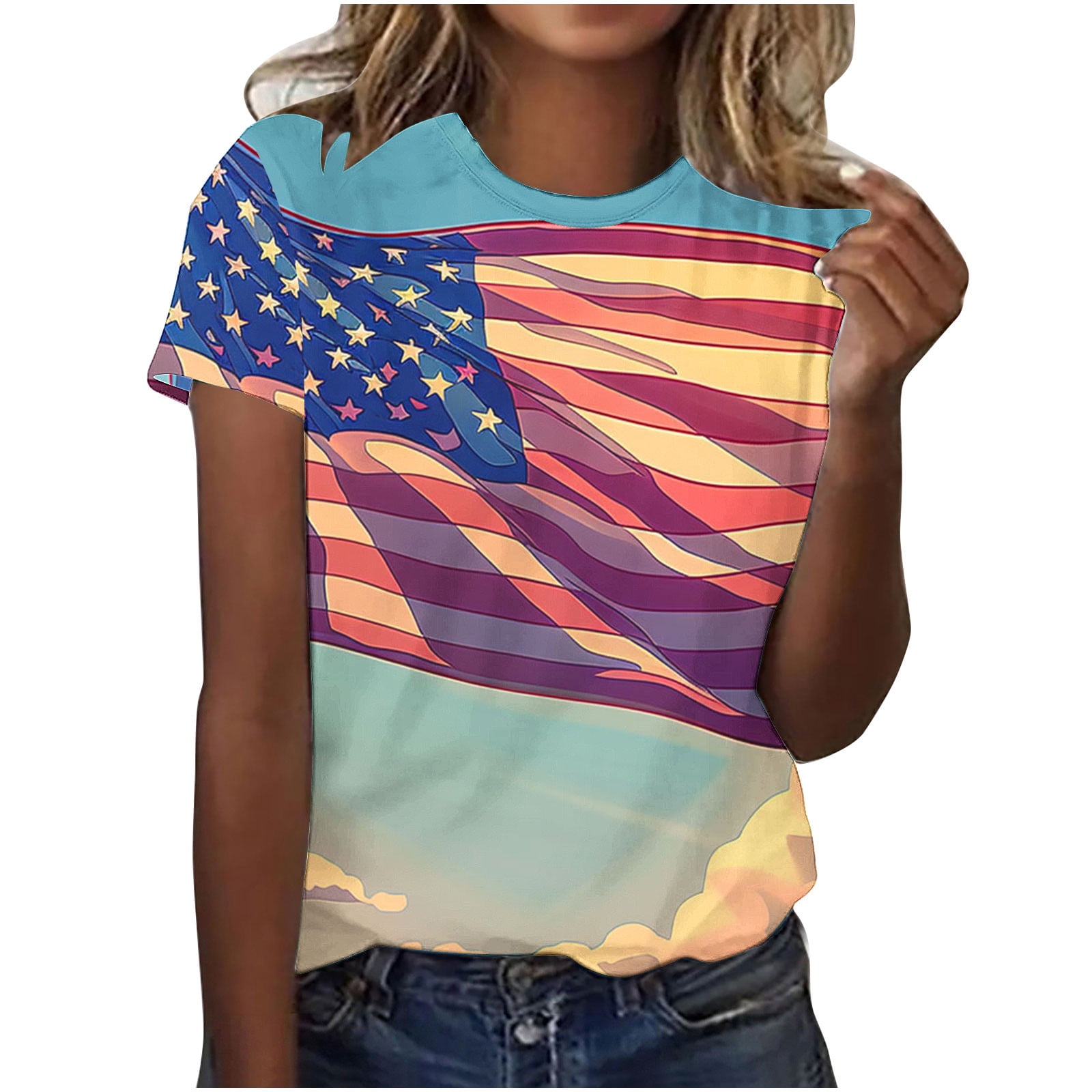 Dazajoo American Flag Women Shirt Short Sleeve 4th of July Patriotic ...