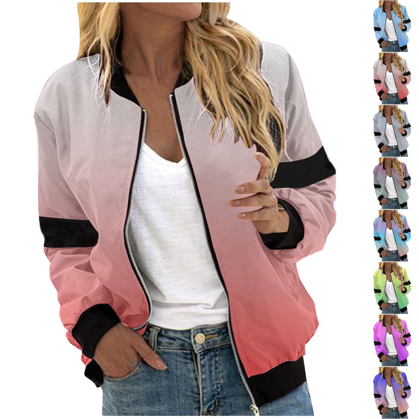 Dazajoo Bomber Jacket for Women Casual Gradient Zip Up Windbreaker ...