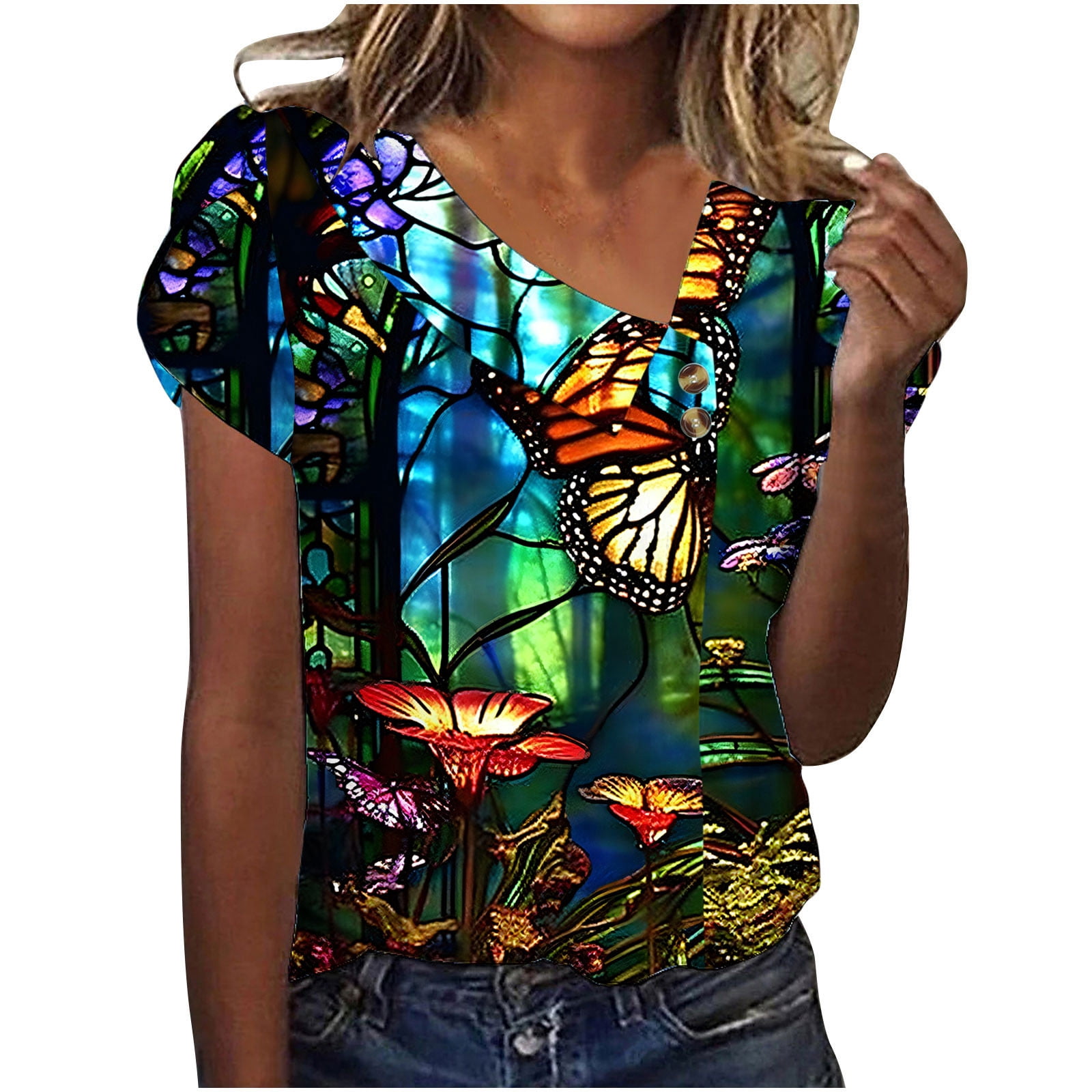 Dazajoo Butterfly Print Top for Women Summer Trendy Slant V Neck Button ...