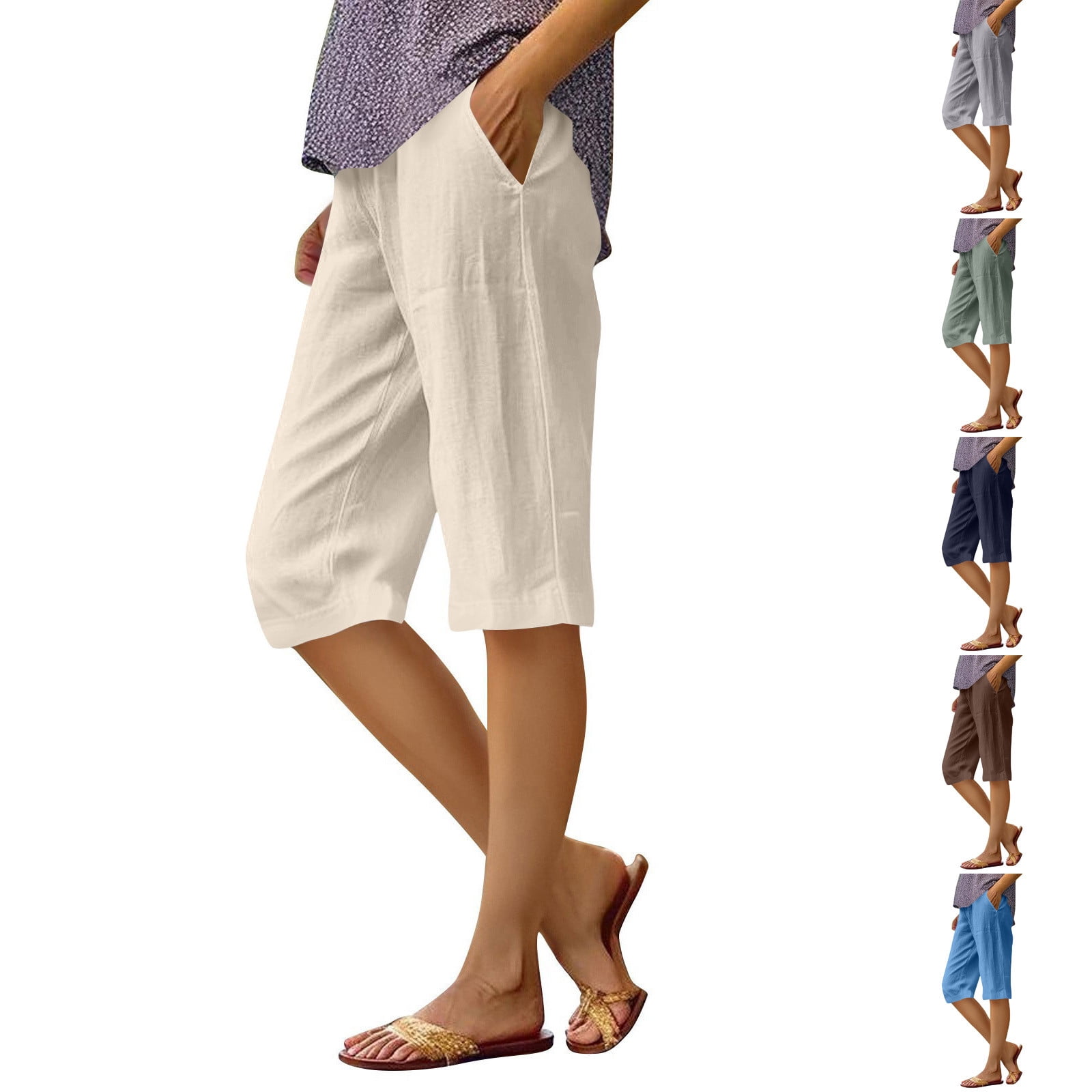 Dazajoo Capri Pants for Women 2025 Knee Length Cotton Linen Capris ...