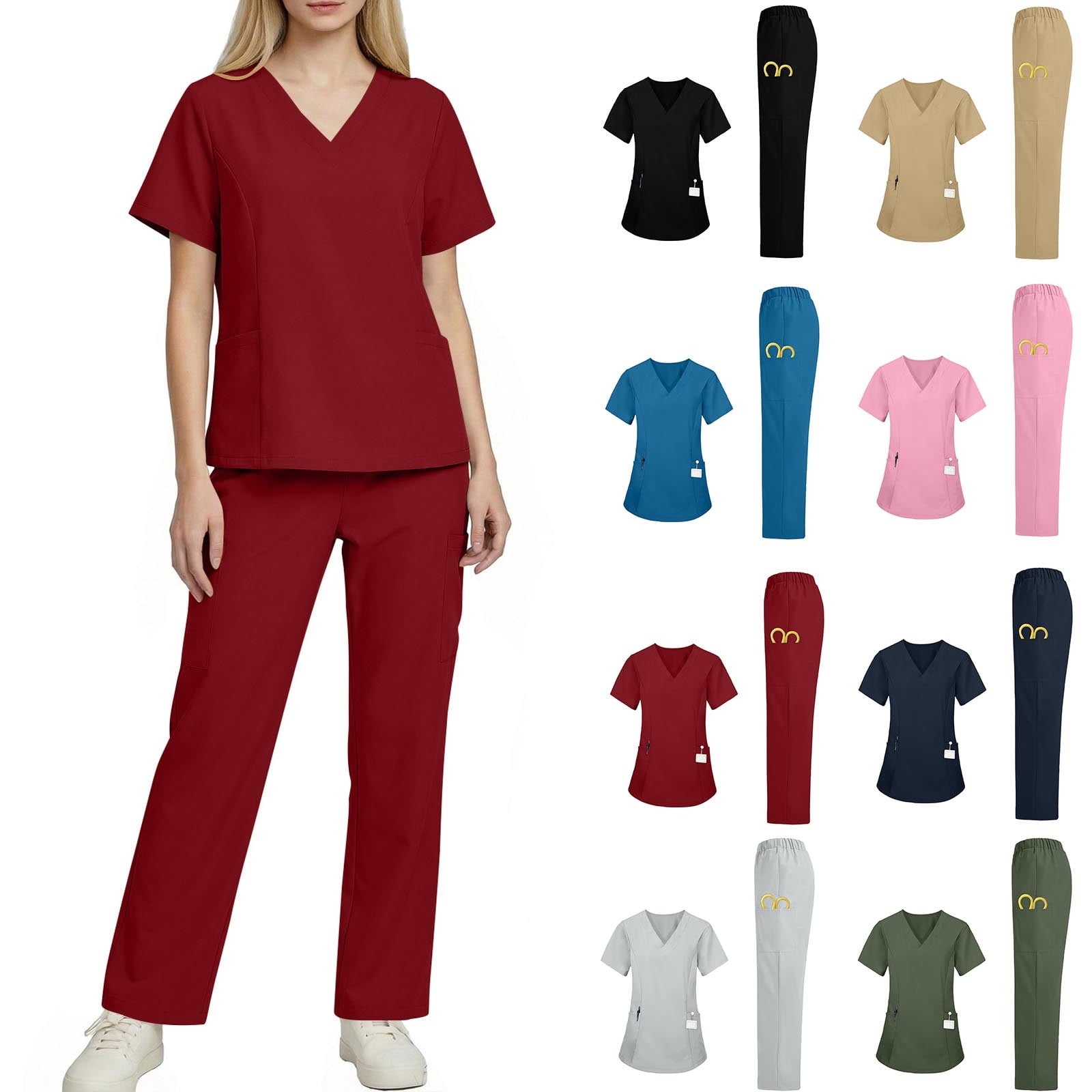 Dazajoo Caregiver Uniforms Set Women Scrub V Neck Top and Elastic Waist ...