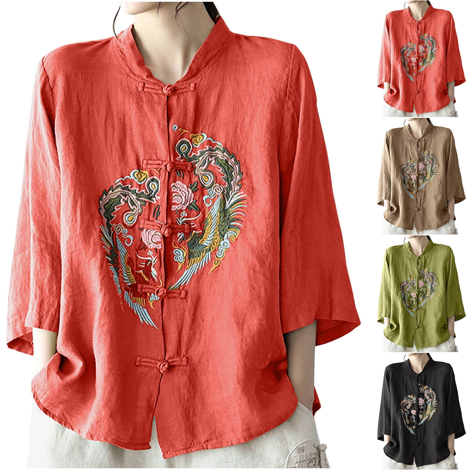 Dazajoo Chinese Linen Shirts for Women Vintage Embroidered V Neck 3/4 ...