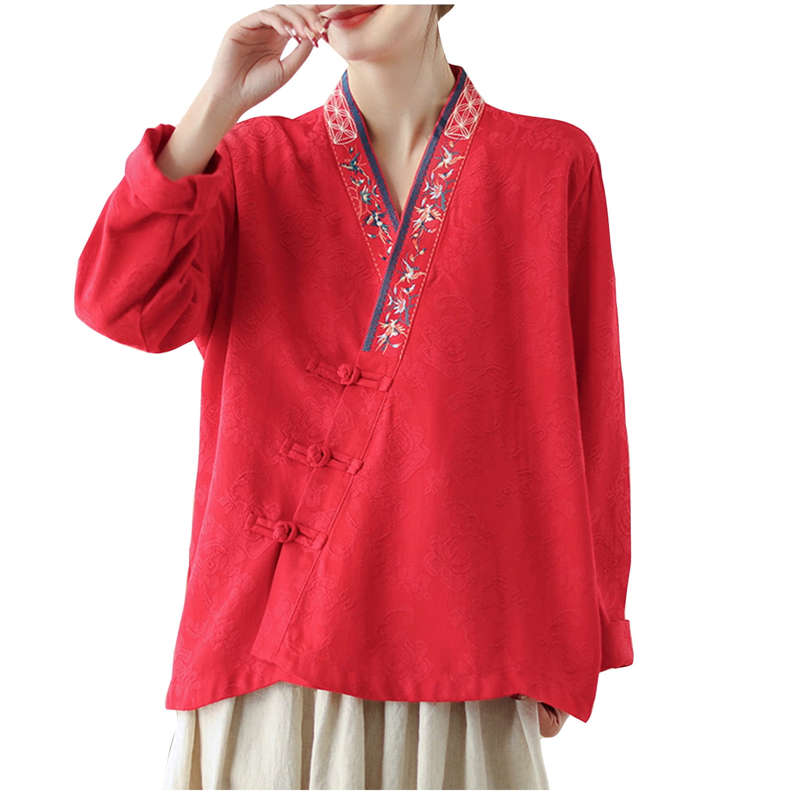 Dazajoo Chinese Style Retro Frog Button Embroidery Shirts Women's ...