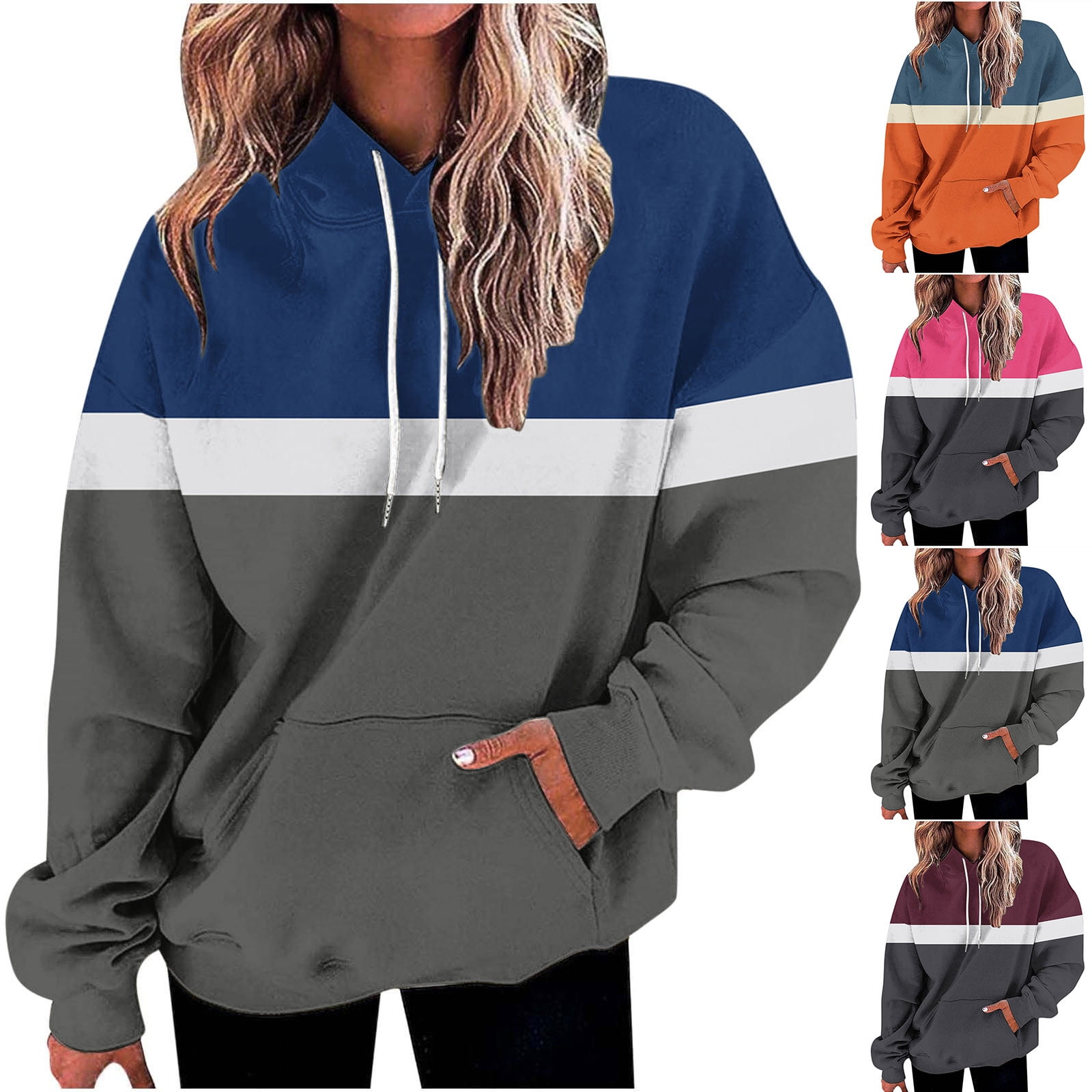 Dazajoo Color Block Hoodies for Women 2024 Winter Long Sleeve Striped ...