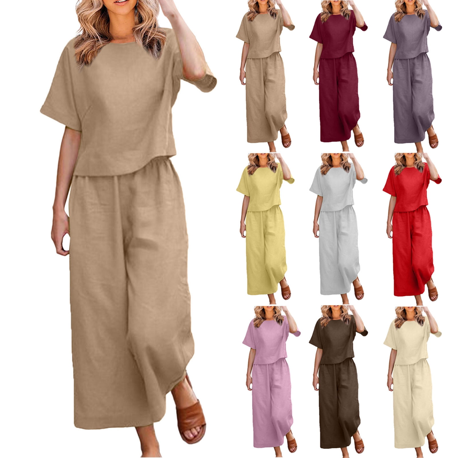 Dazajoo Cotton Gauze Sets for Women 2 Piece Short Sleeve Crew Neck Tops ...
