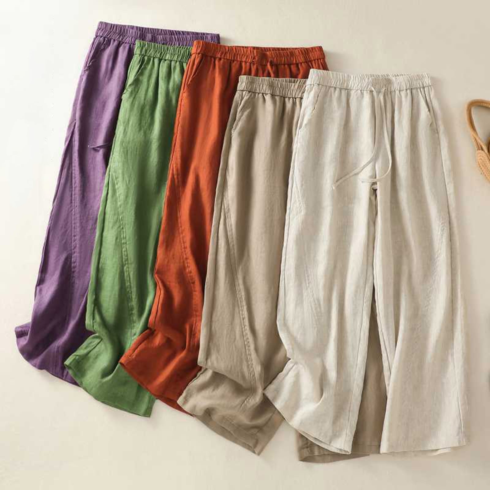 Dazajoo Cotton Linen Drawstring Pants for Women Plus Size Solid Color ...