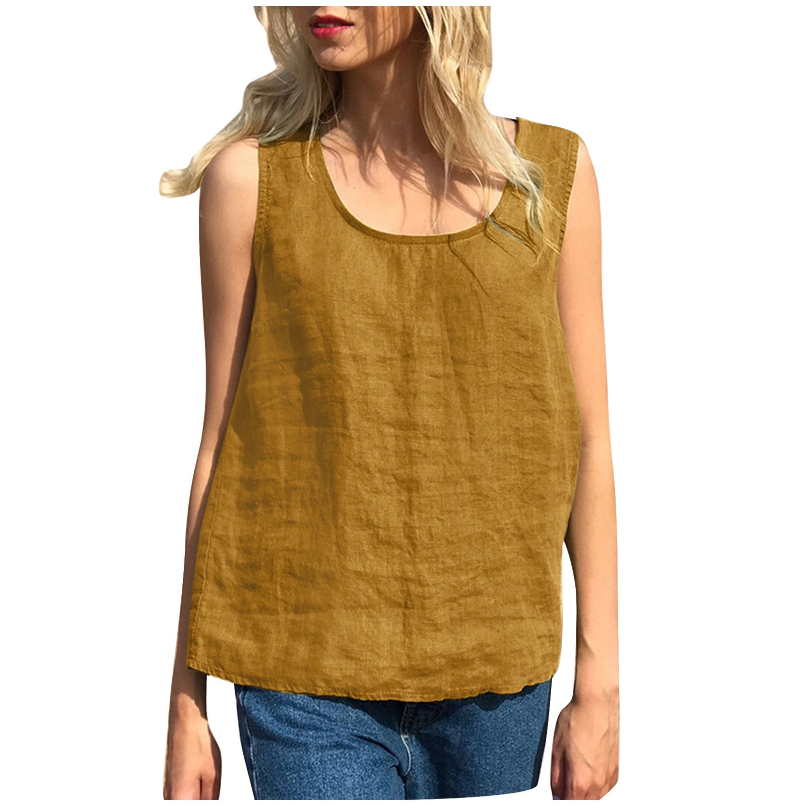 Dazajoo Cotton Linen Tank Tops for Women Loose Fit Solid Color Crew ...