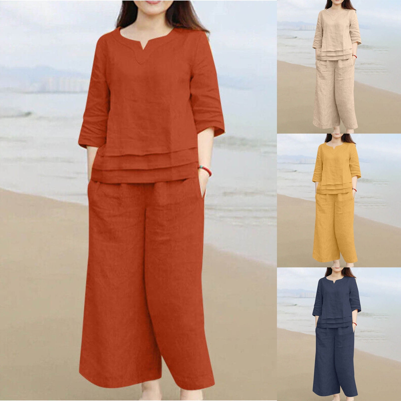 Dazajoo Cotton Linen Two Piece Set Women Short Sleeve V Neck Top with Wide Leg Pants Lounge ...