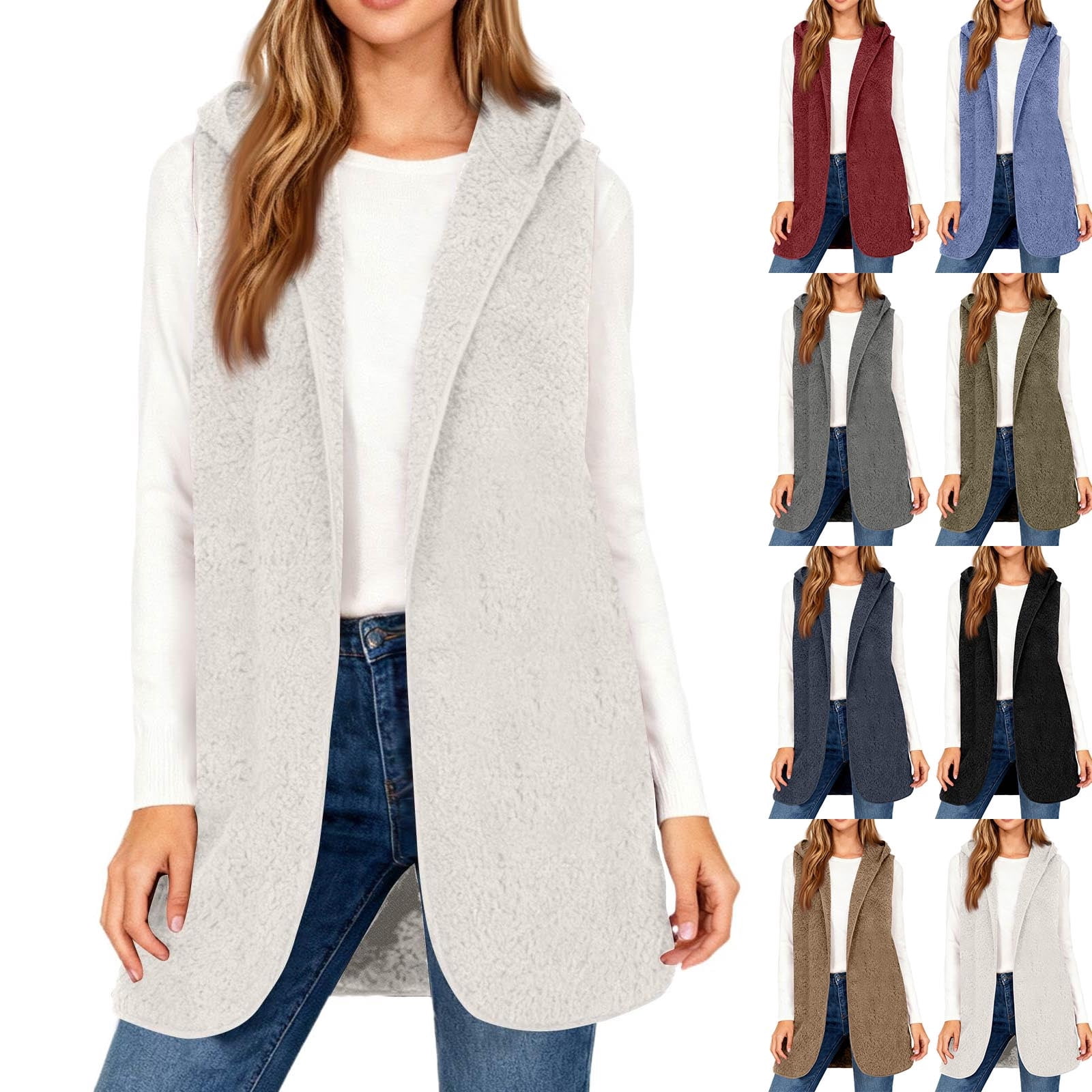 Dazajoo Dark Blue Long Vest for Women Fleece Sleeveless Open Front ...