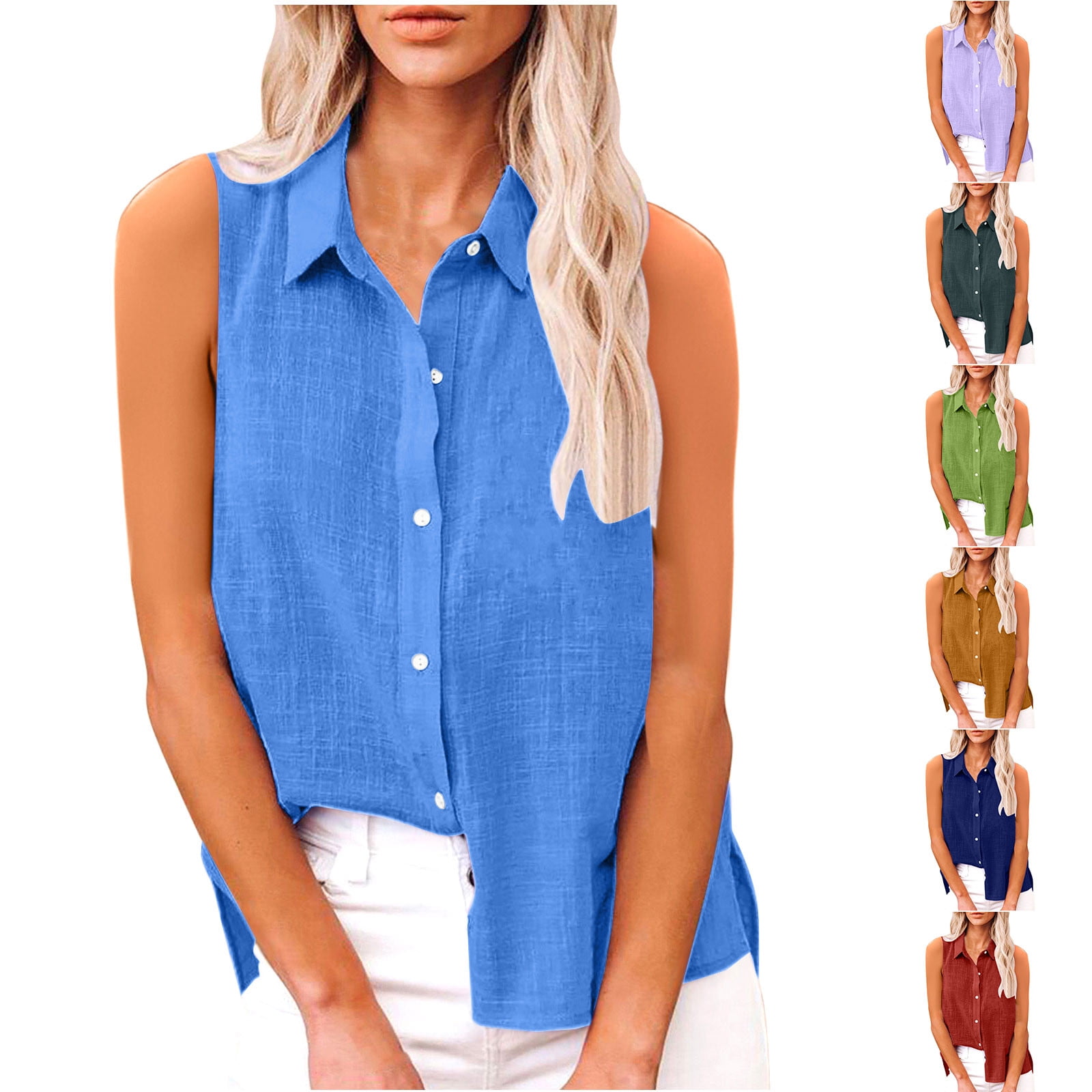 Dazajoo Plus Size Sleeveless Linen Tops for Women Button Down Lapel ...