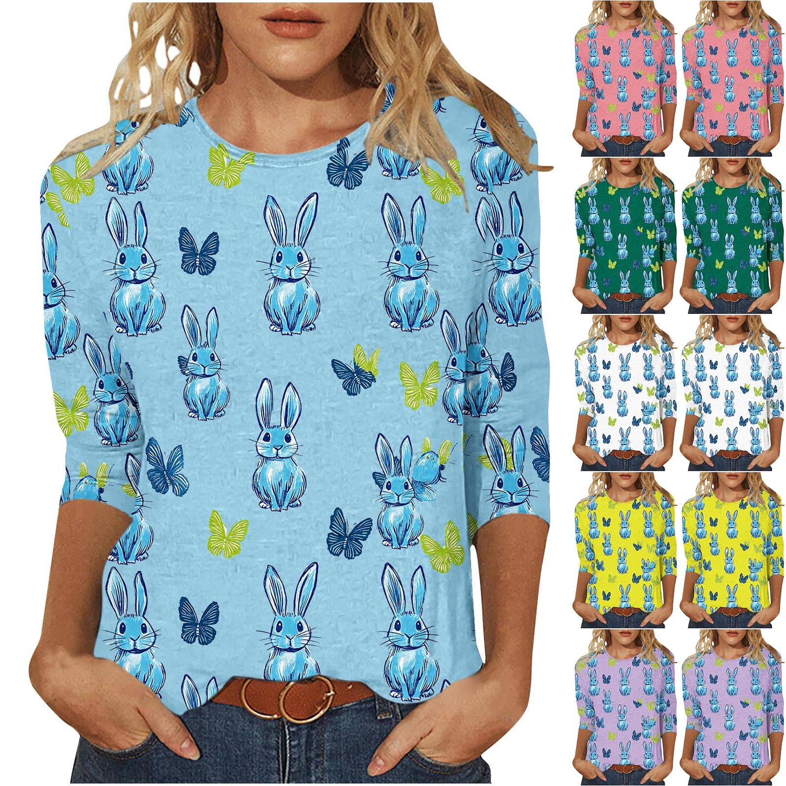 Dazajoo Easter Shirts for Women Funny Egg Graphic Tees Cute 3/4 Length ...