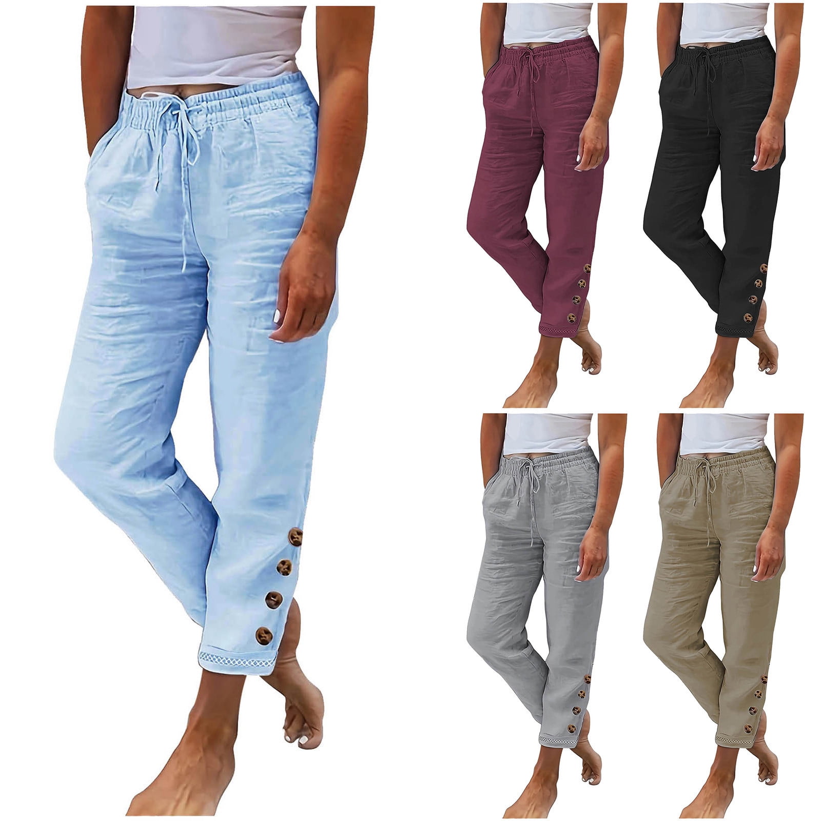 Dazajoo Elastic Waist Drawstring Pants for Women Casual Cotton Linen ...