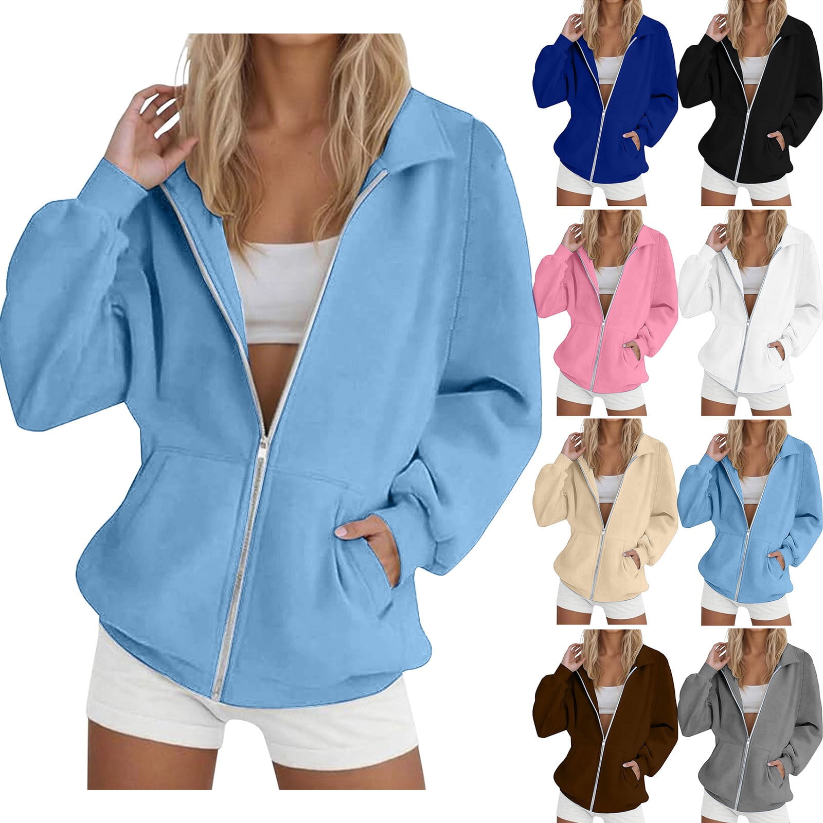 Dazajoo Fall Sweatshirts with No Hood for Women Zip-Up Lapel Collar ...