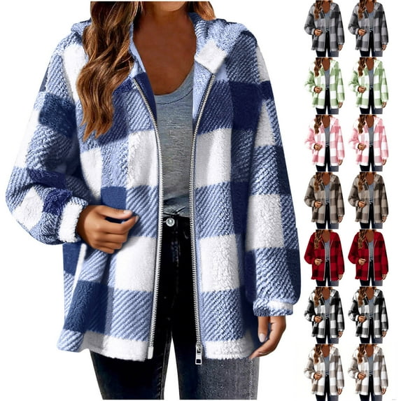 Dazajoo Flannel Plaid Shacket Women Plus Size Zip Up Hooded Jacket ...