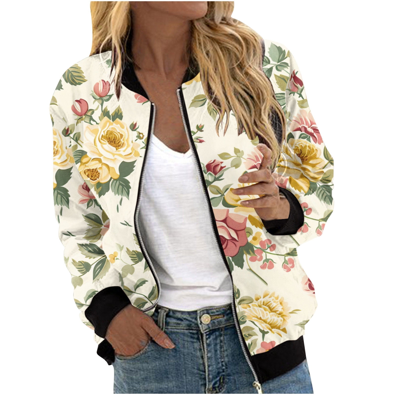 Dazajoo Floral Print Jackets for Women Zip Up Y2K Coat Long Sleeve ...