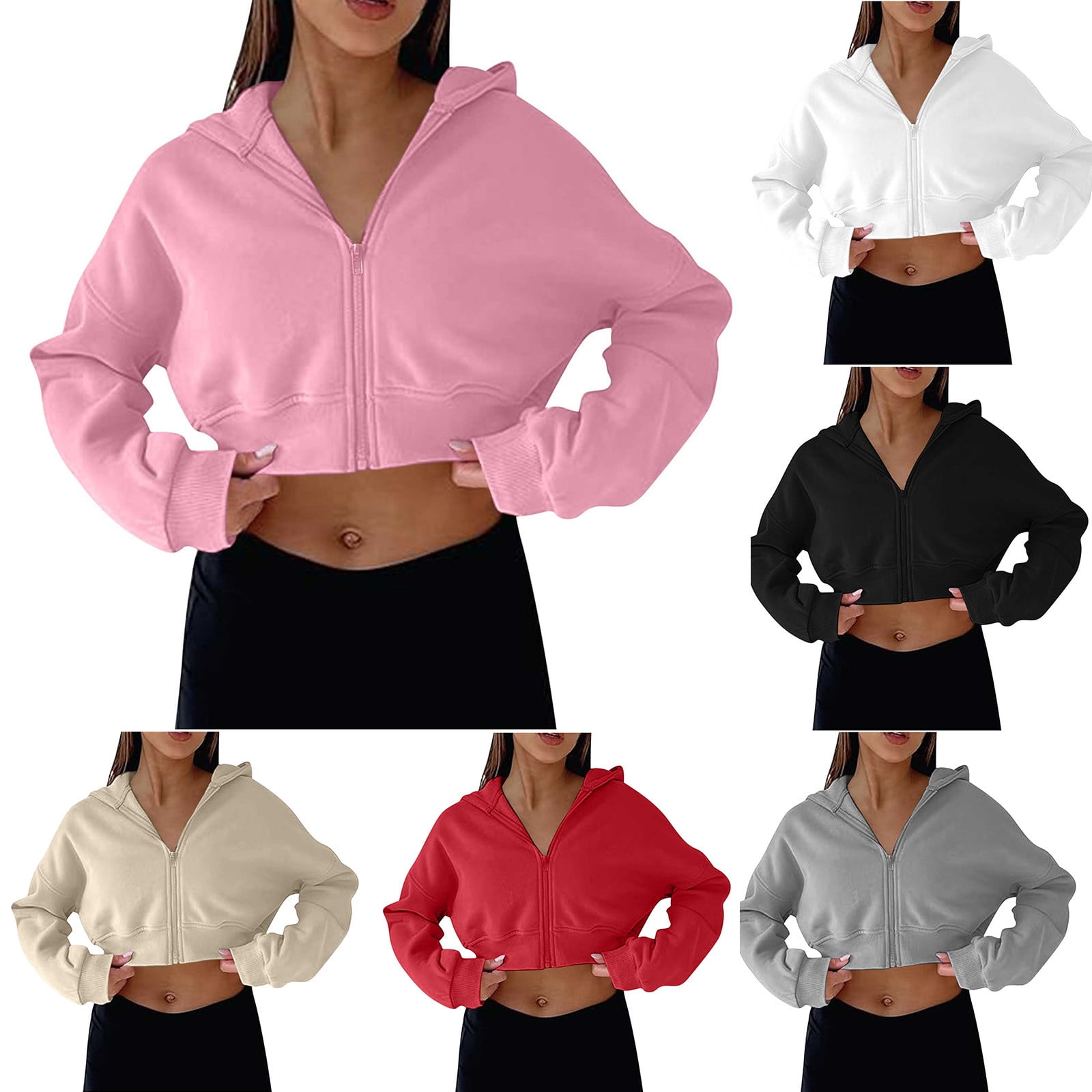 Dazajoo Full Zip Cropped Hoodies for Women Casual Long Sleeve Solid ...