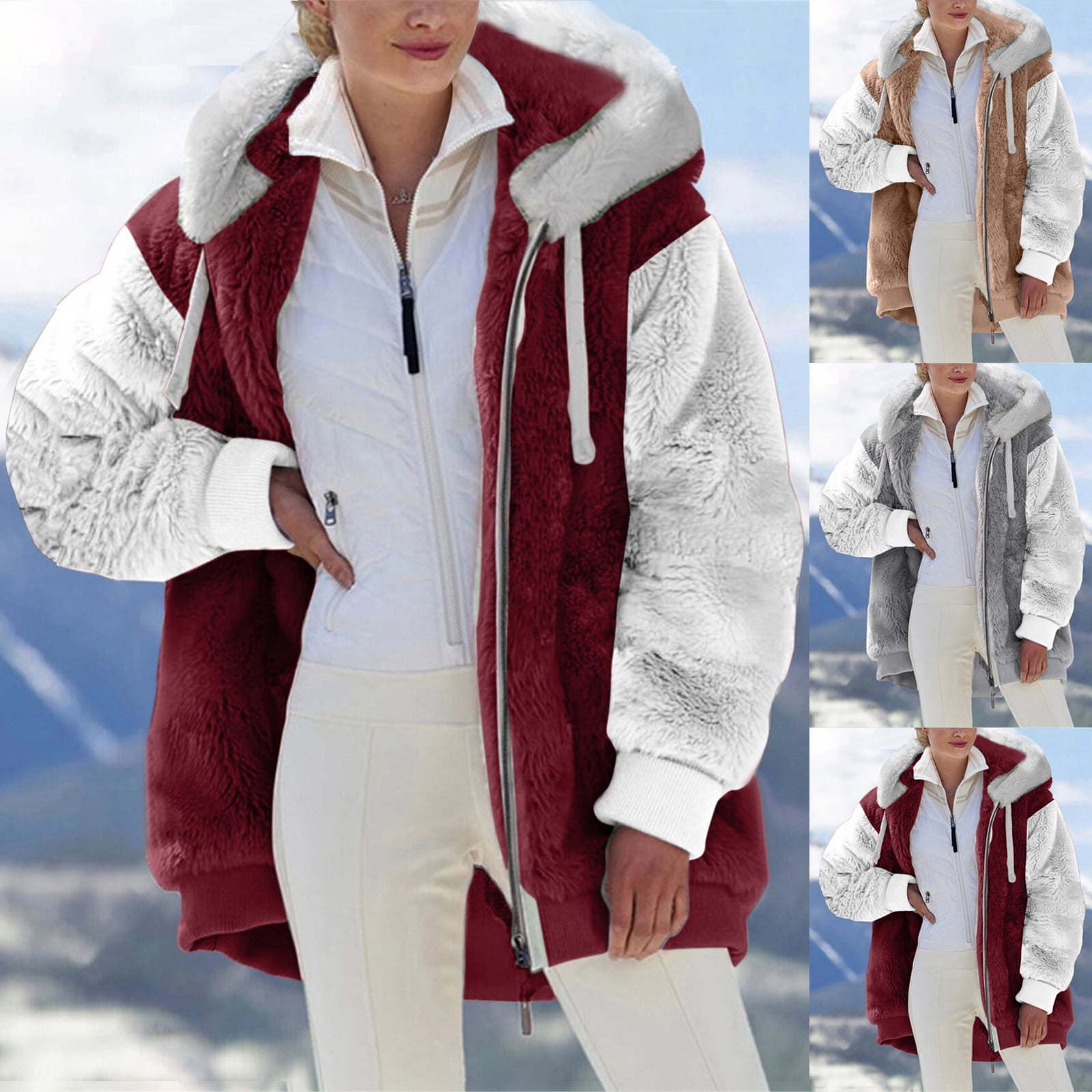 Dazajoo Furry Fleece Jacket Women Colorblock Zip Up Drawstring Hoodies ...