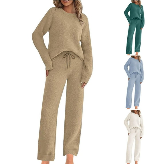Dazajoo Fuzzy Fleece Lounge Sets for Women 2 Piece Pajama Set Long ...
