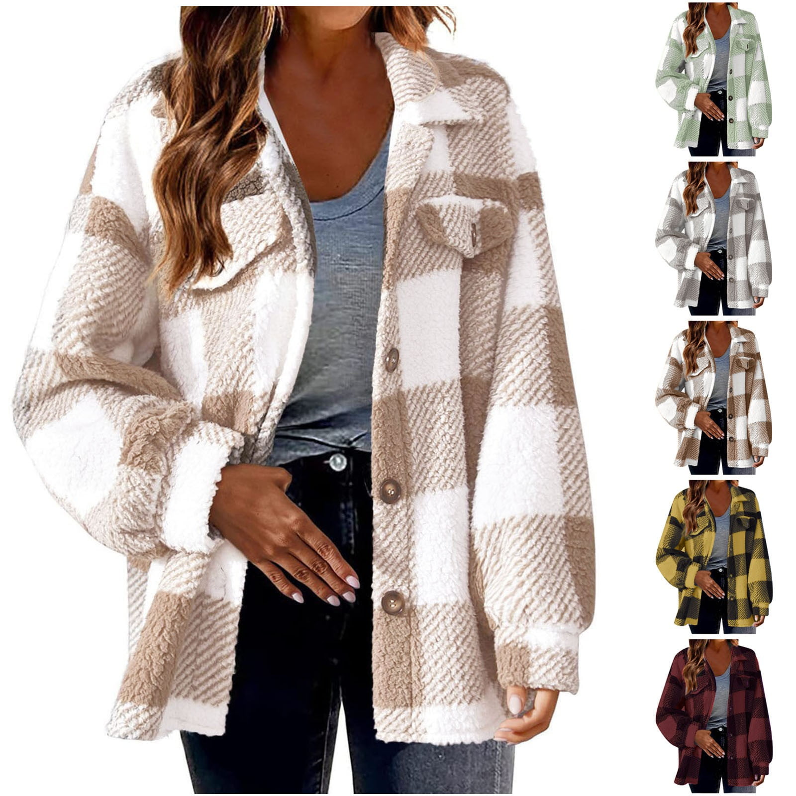 Dazajoo Fuzzy Fleece Plaid Jacket for Women Plus Size Button Down ...
