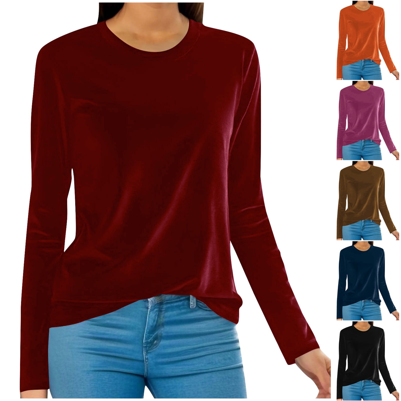 Dazajoo Gold Velvet Tops for Women Dressy Solid Color Long Sleeve ...