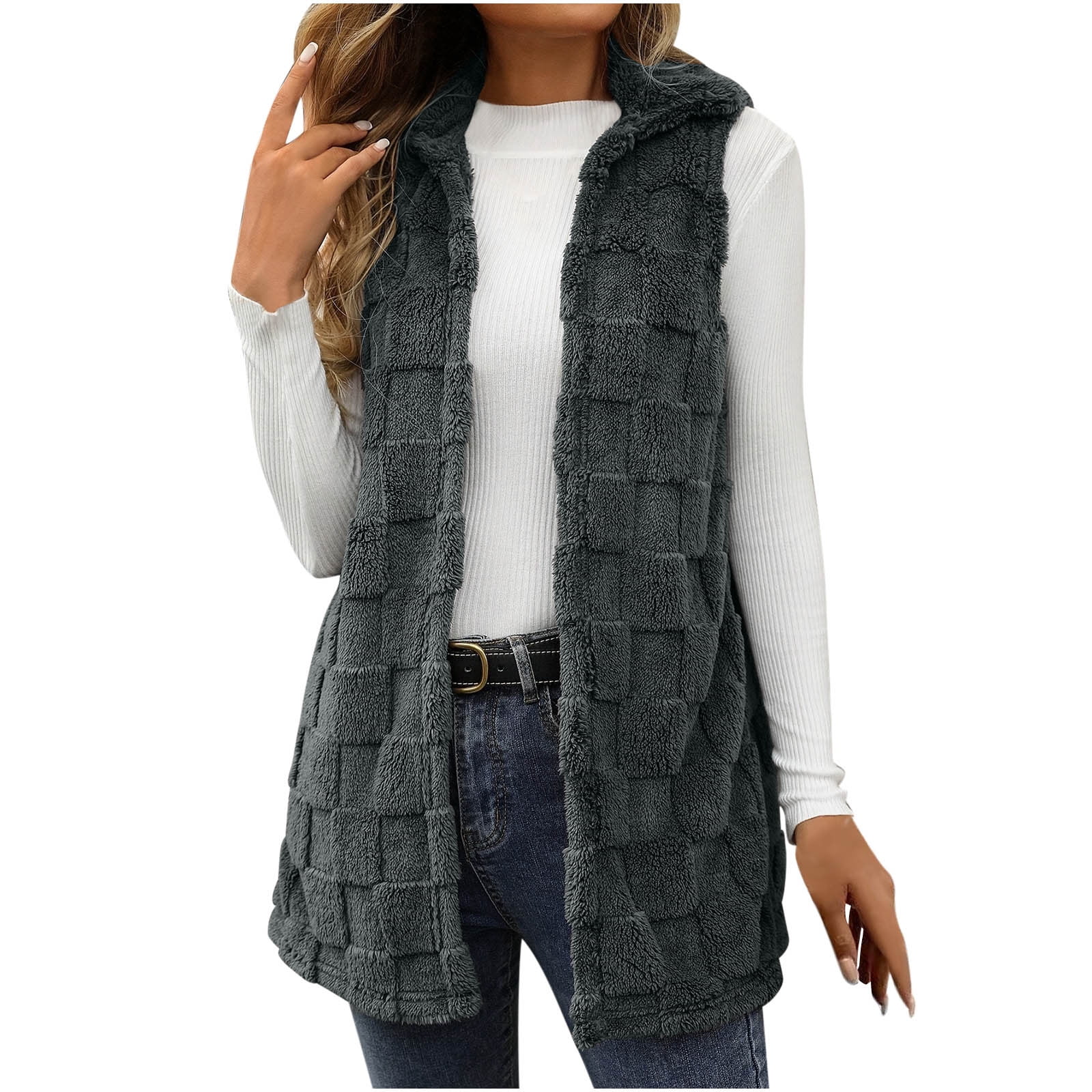 Dazajoo Gray Long Vest for Women Sleeveless Open Front Plush Cardigan ...
