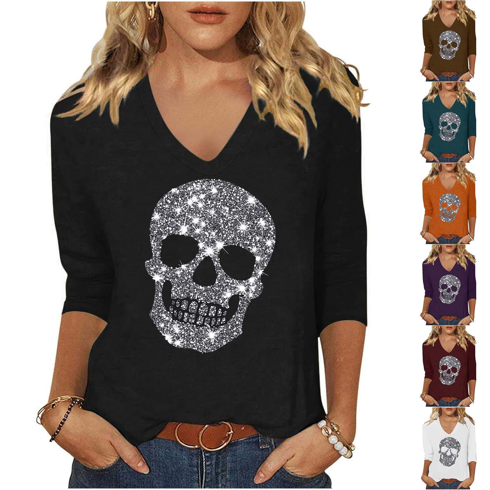 Dazajoo Halloween 3/4 Sleeve Tops for Women Glitter Skull Print ...