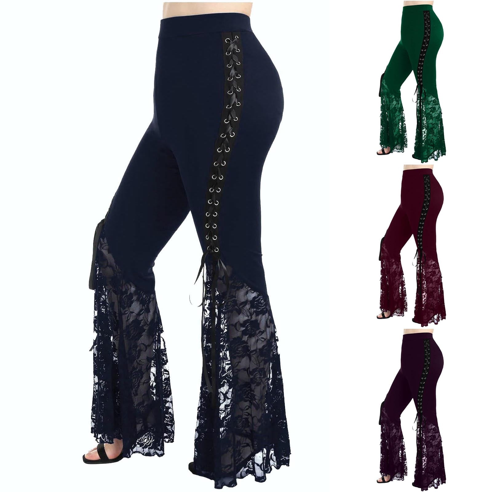 Dazajoo Halloween Leggings for Women Gothic Lace Up Long Flared Pants ...