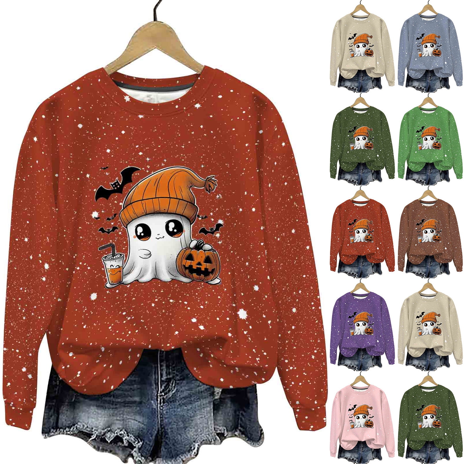 Dazajoo Halloween Shirts for Women Plus Size Long Sleeve Ghost Print ...