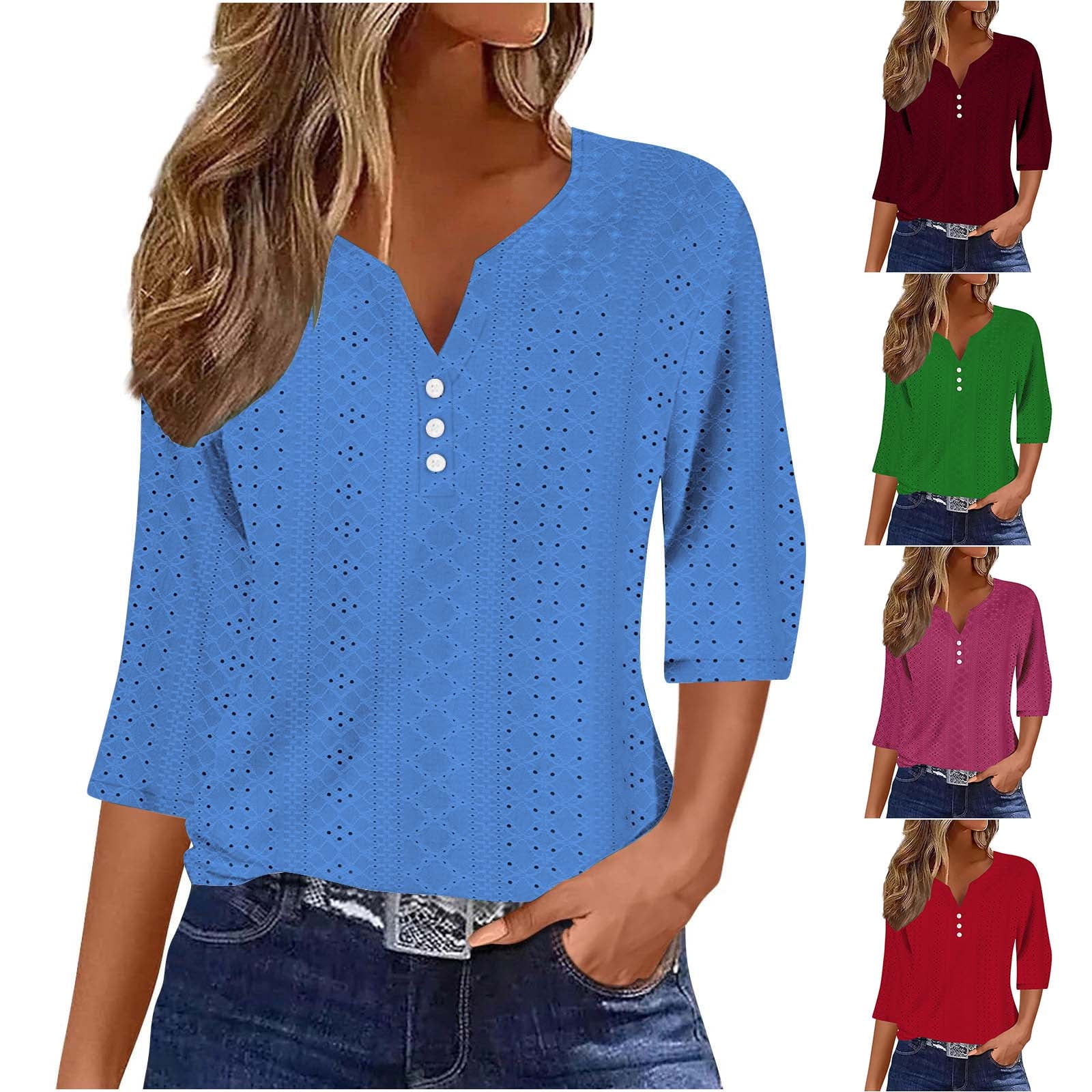 Dazajoo Holiday Sales Women's Plus Size Eyelet Tops 3/4 Sleeve Button V ...