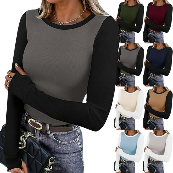 Dazajoo Khaki Long Sleeve Thermal Shirts for Women Slim Fit Crewneck ...