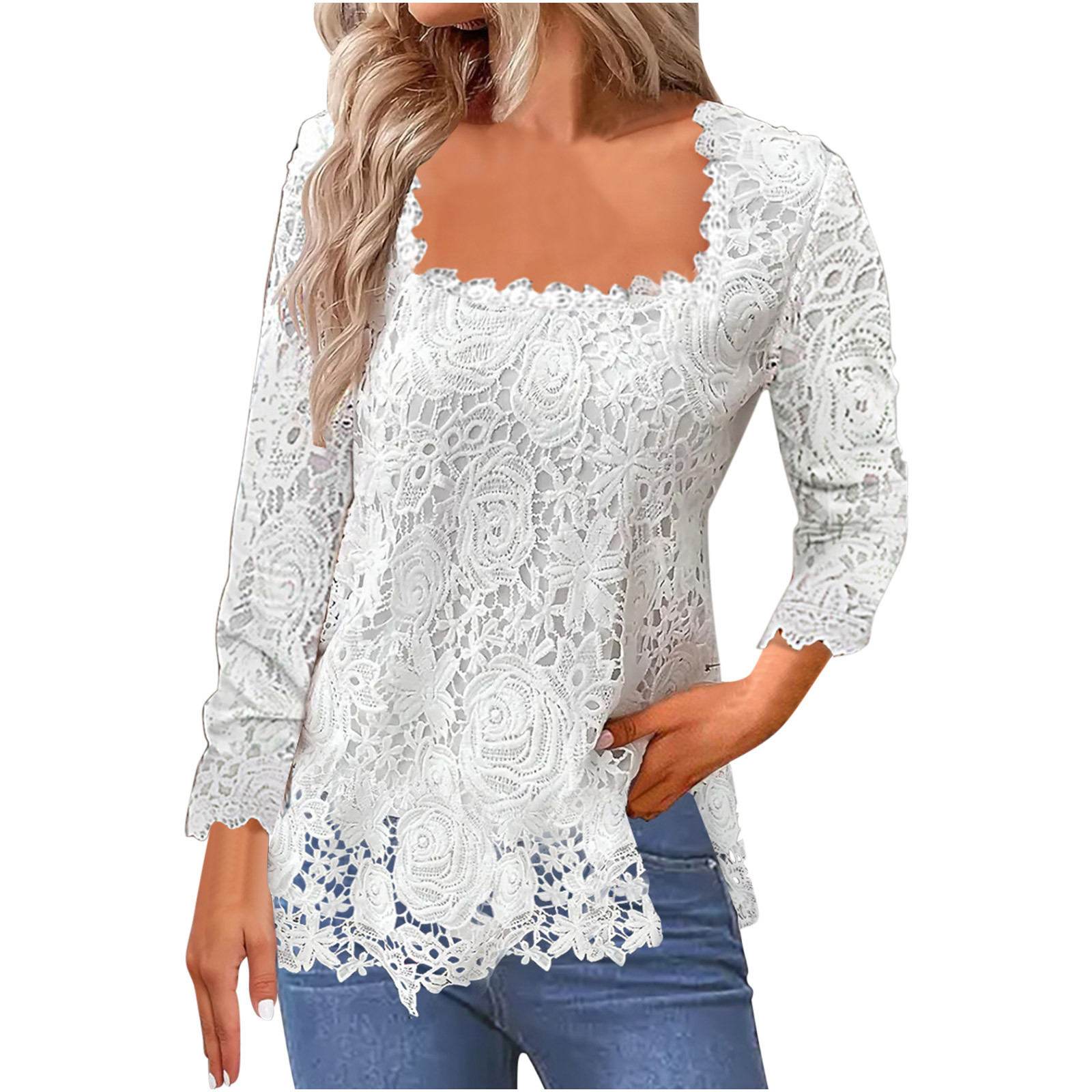 Dazajoo Lace Tops For Women Dressy Casual Square Neck Long Sleeve Dazajoo Lace Tops For Women Dressy Casual Square Neck Long Sleeve