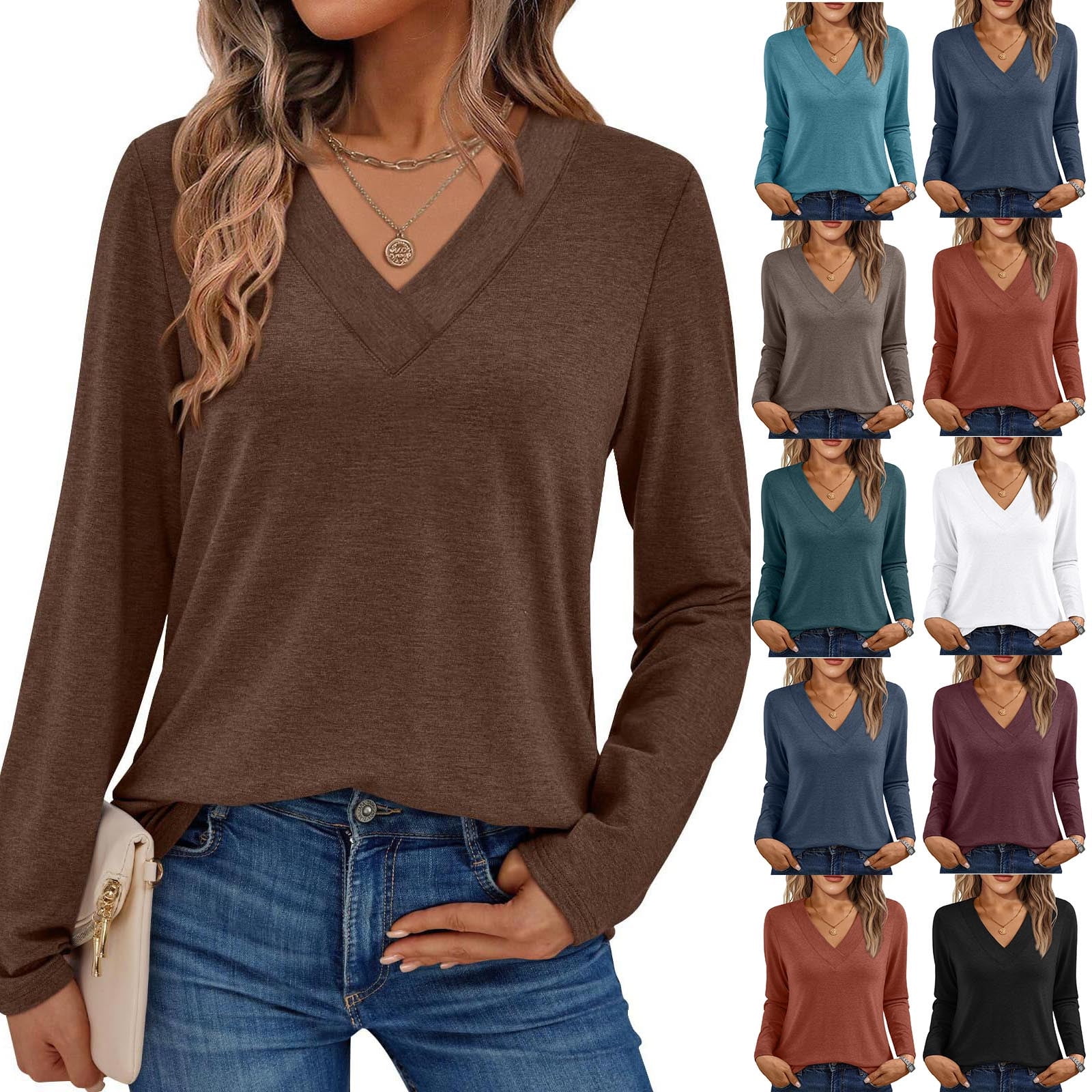 Dazajoo Light Blue Long Sleeve Shirts for Women Casual Comfortable V ...