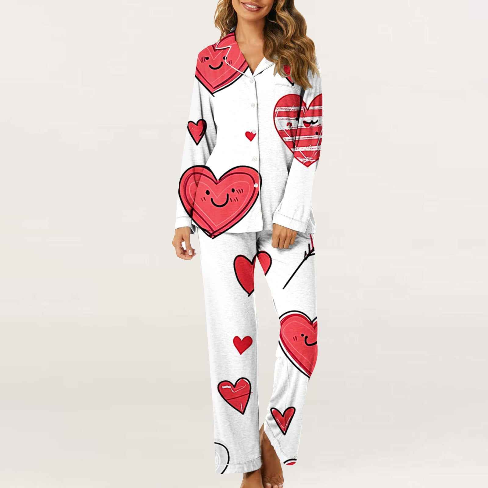 Dazajoo Limited Time Deal Valentine's Day Pajama Sets for Women Long Sleeve Love Heart Print PJ ...