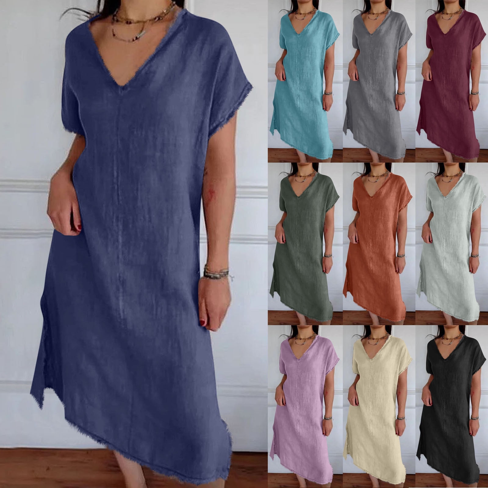 Dazajoo Linen Dresses for Women Casual Summer V Neck Trendy Side Slit ...