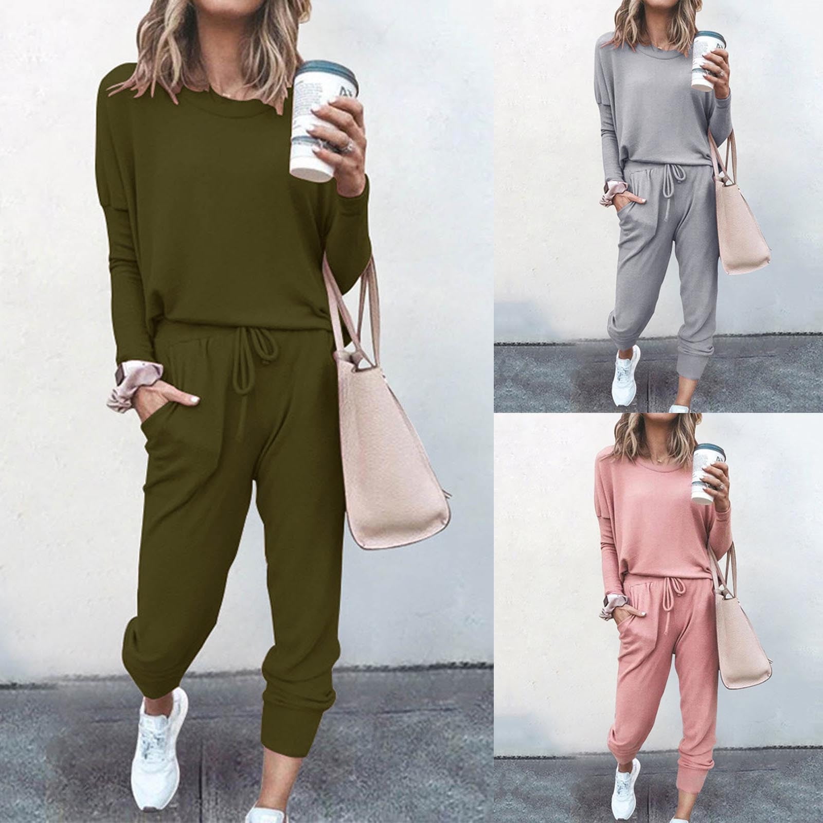 Dazajoo Lounge Sets for Women Long Sleeve and Pants Solid Color Pullover Tops Match Draewstring ...