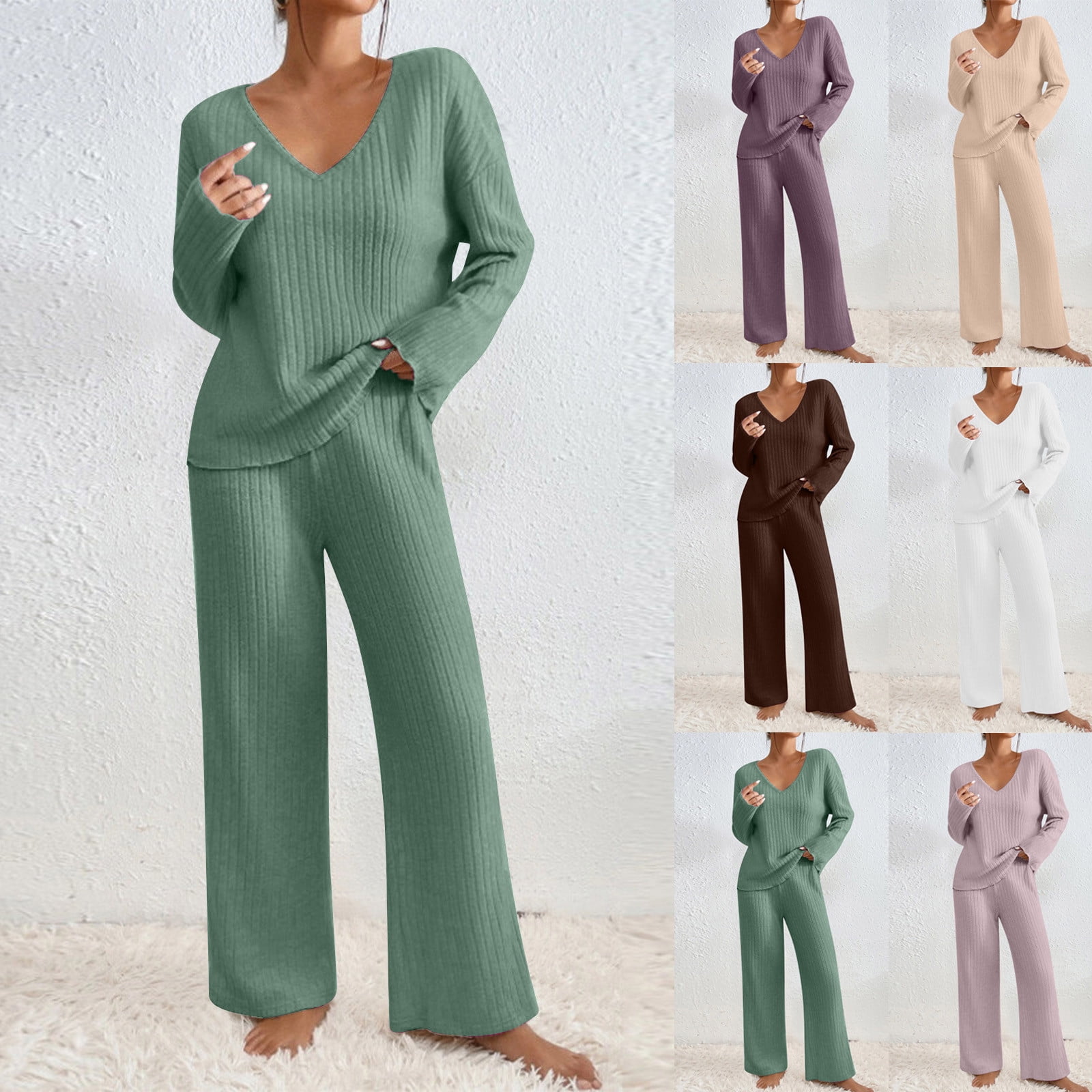 Dazajoo Lounge Sets for Women Long Sleeve V Neck Knit Sweater with Wide Leg Pants Lightweight ...