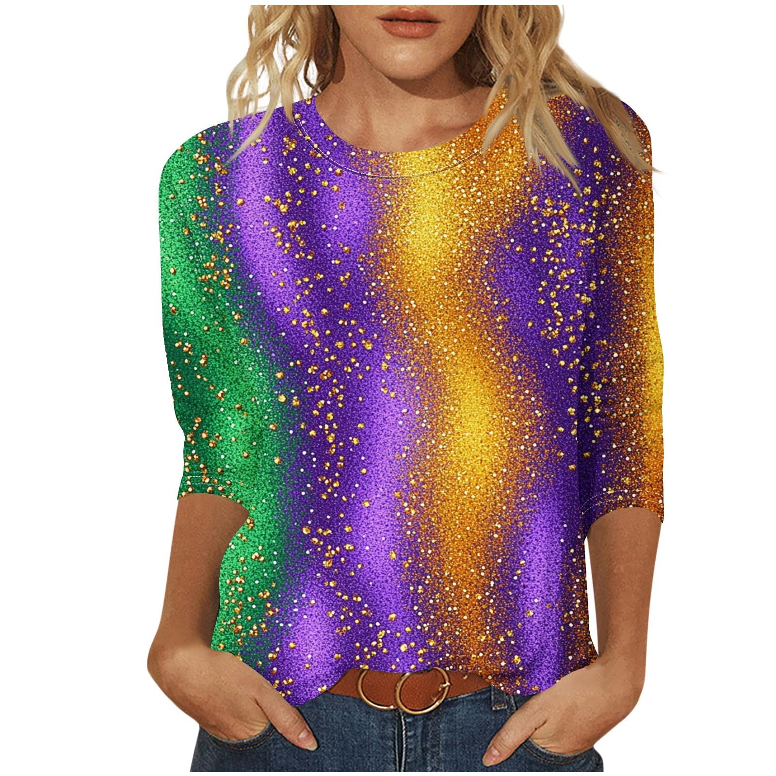 Dazajoo Mardi Gras Carnival Shirts for Women Color Block Crewneck Tops ...