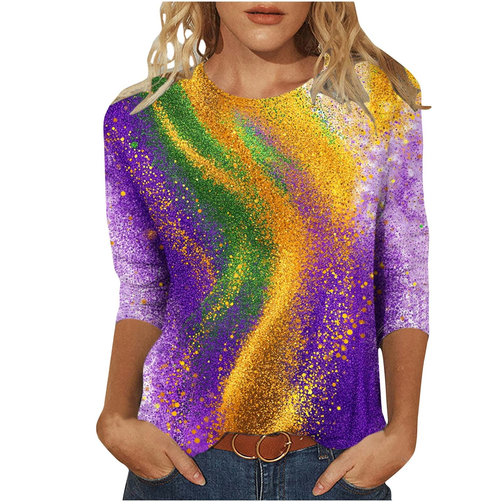 Dazajoo Mardi Gras Shirt for Women Carnival Party Plus Size 3/4 Sleeve ...