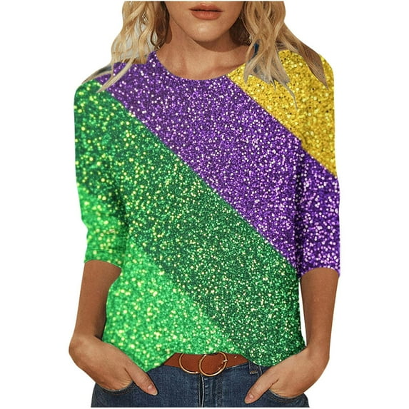 Dazajoo Mardi Gras Shirts for Women 3/4 Sleeve Carnival Party Sequin ...