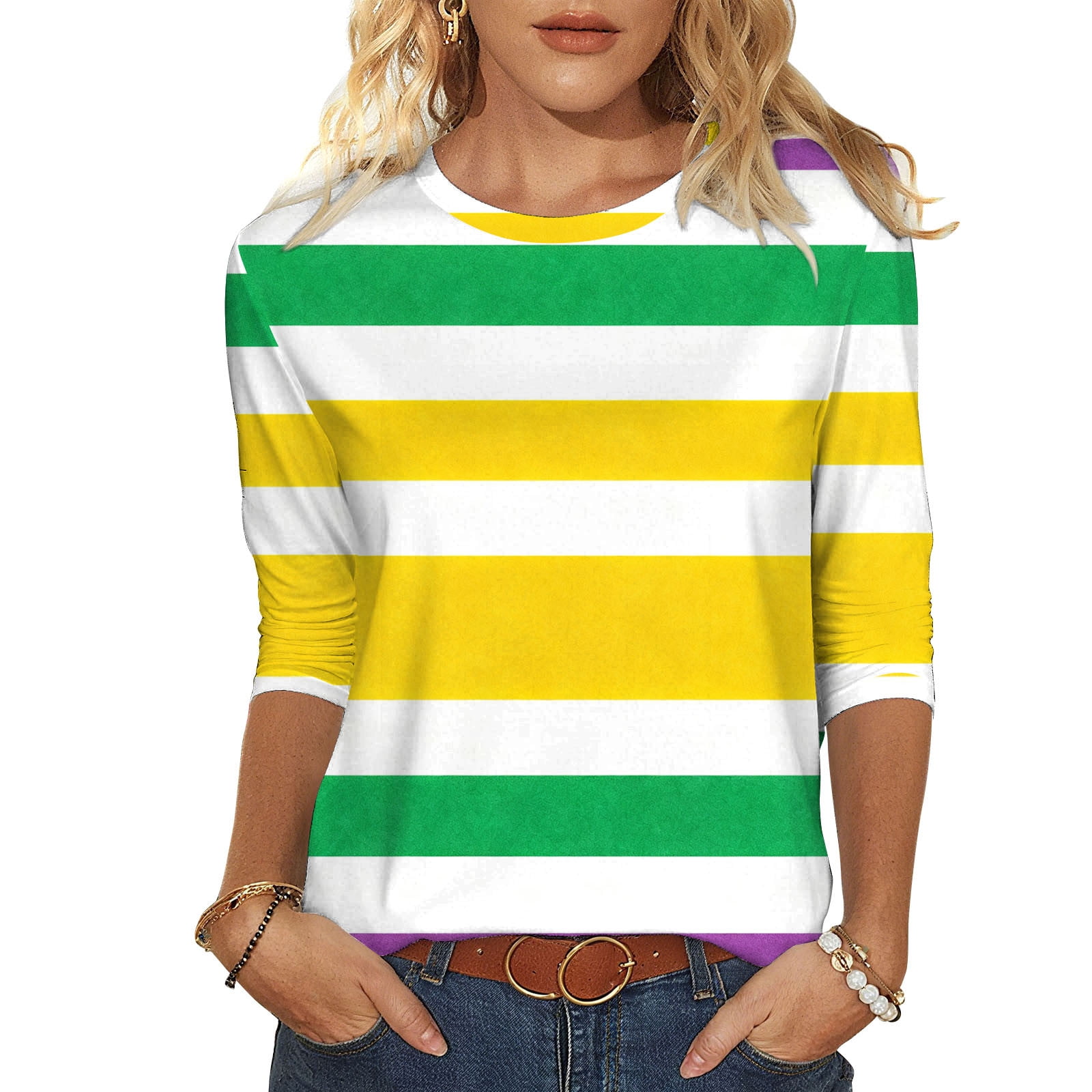 Dazajoo Mardi Gras Shirts for Women Carnival Party 3/4 Sleeve Crewneck ...