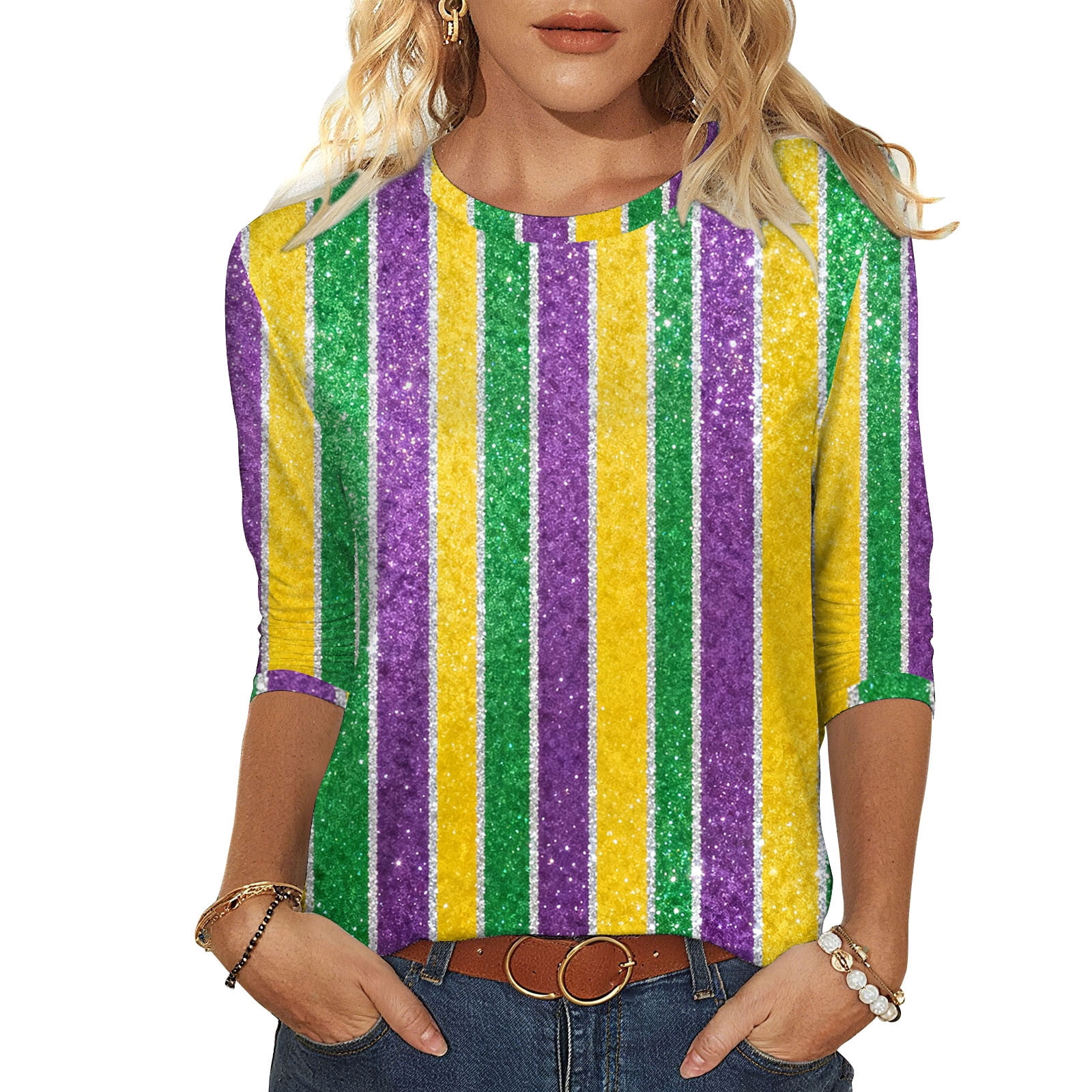 Dazajoo Mardi Gras Shirts for Women Glitter 3/4 Sleeve Carnival Party ...