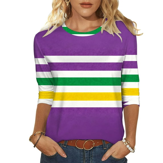 Dazajoo Mardi Gras Striped Shirt Women Carnival Party 3/4 Sleeve ...