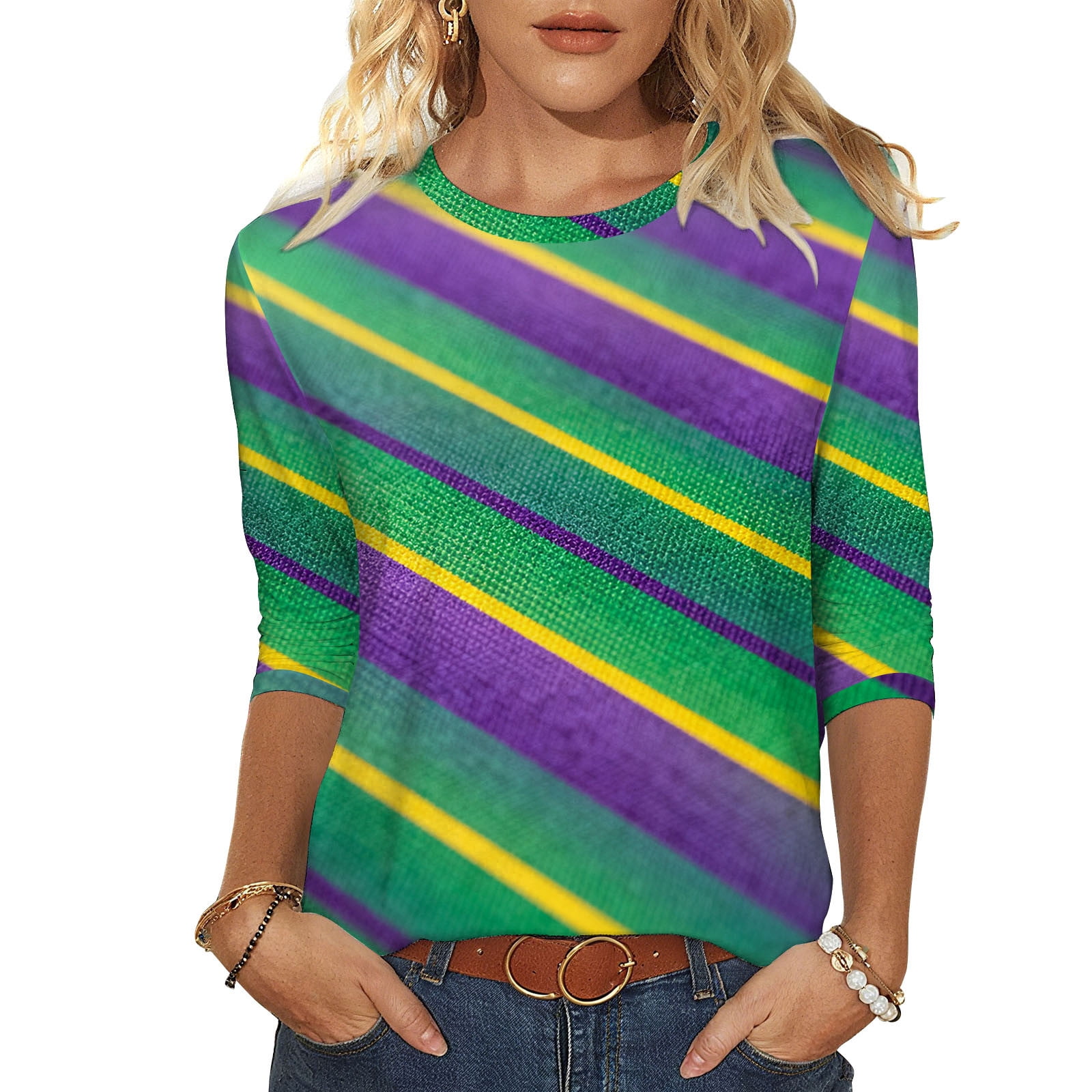 Dazajoo Mardi Gras T Shirt Women Color Block 3/4 Sleeve Carnival Party ...