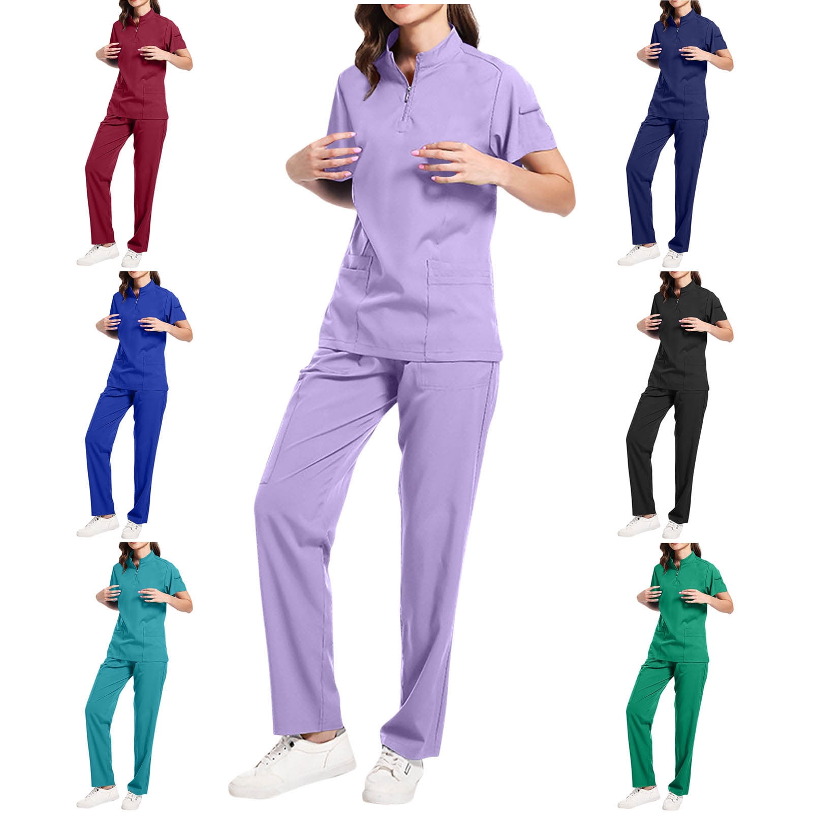 Dazajoo Medical Uniform Women's Scrub Set Half-Zip Solid Color Nurse ...
