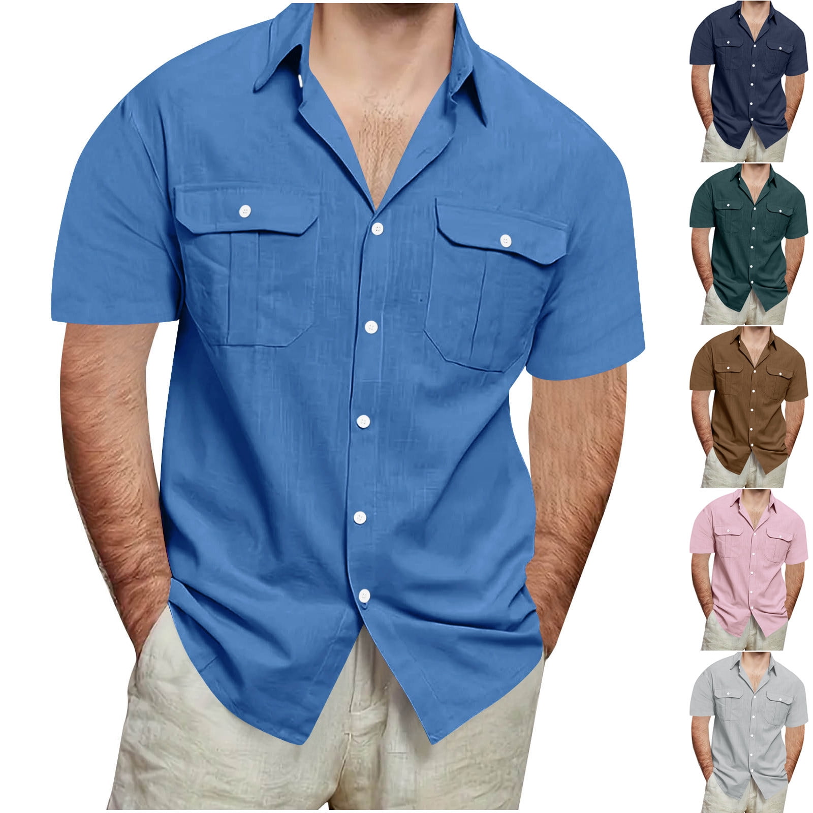 Dazajoo Men's Short Sleeve Double Pocket Shirts Women's Cotton Linen ...