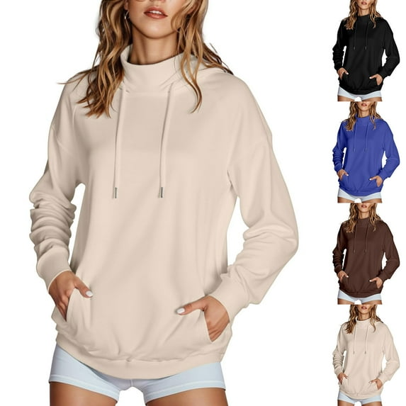 Dazajoo Mock Neck Hoodie Women Basic Solid Long Sleeve Sweatshirts with ...
