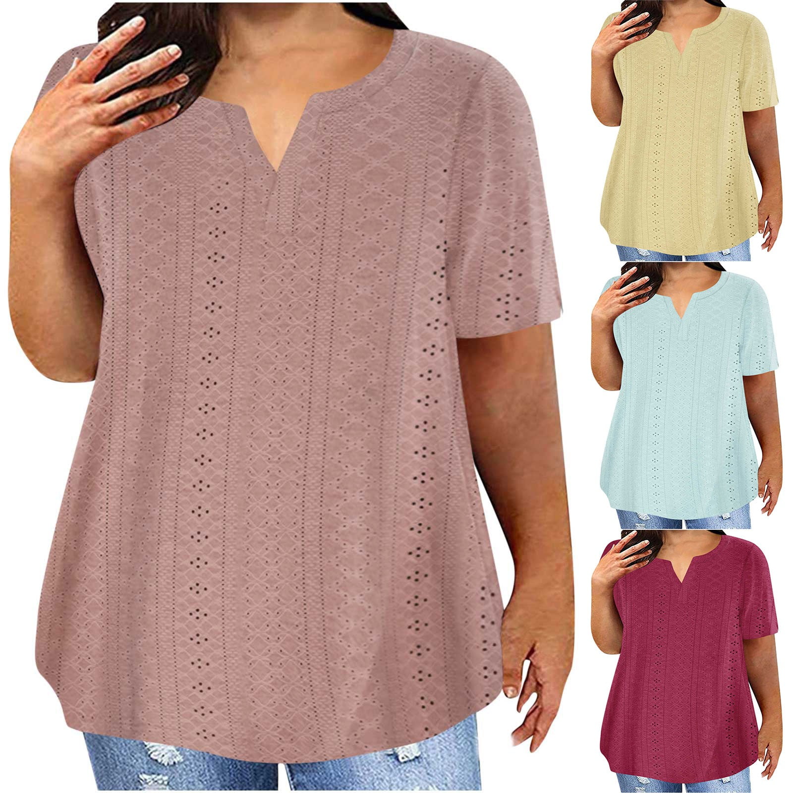 Dazajoo Plus Size Short Sleeve Tops for Women 2024 Trendy Notch V Neck ...
