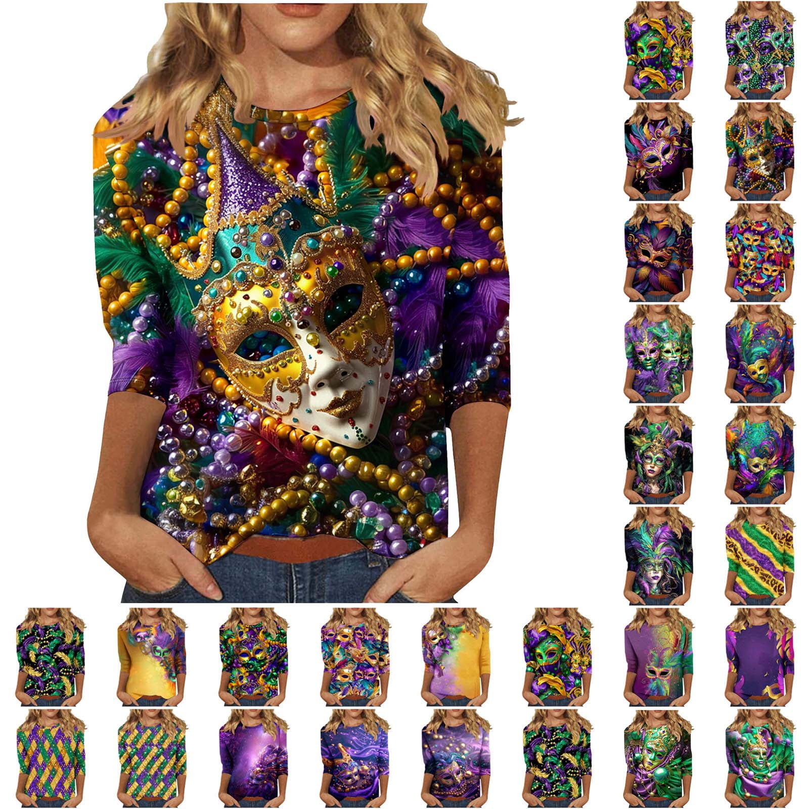 Dazajoo Mardi Gras Shirts for Women Carnival Party Tunic Blouses 3/4 ...