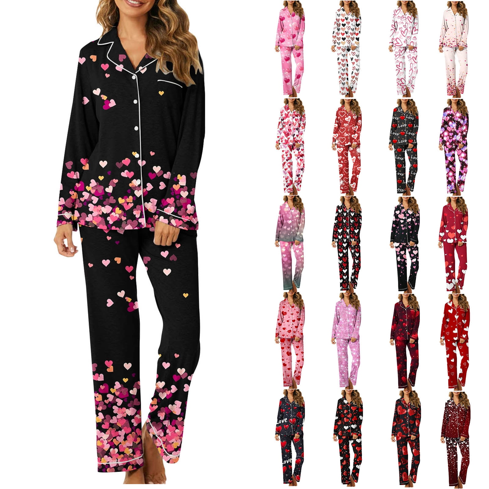 Dazajoo Valentine's Day Pajama Sets for Women Long Sleeve Love Heart Print PJ Sets Button-Down ...